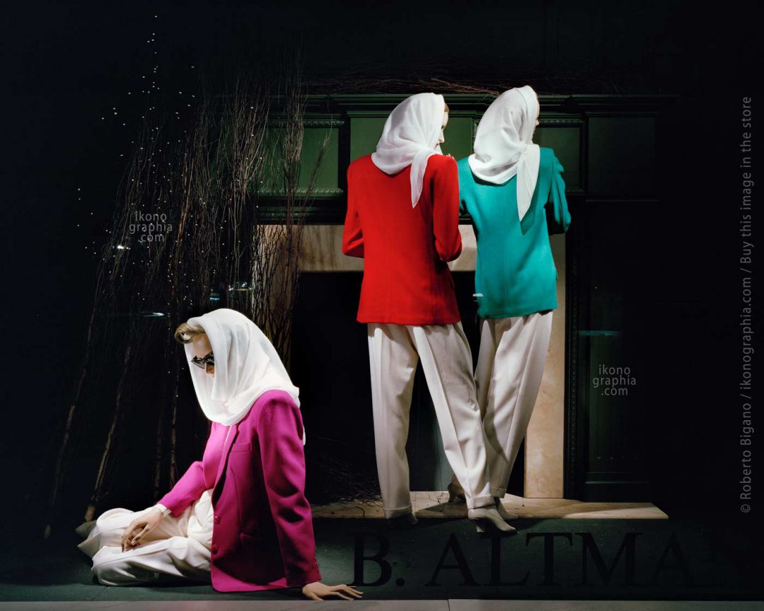 Gowns with trendy vivid colors and white scarves in NYC’s Altman’s ...