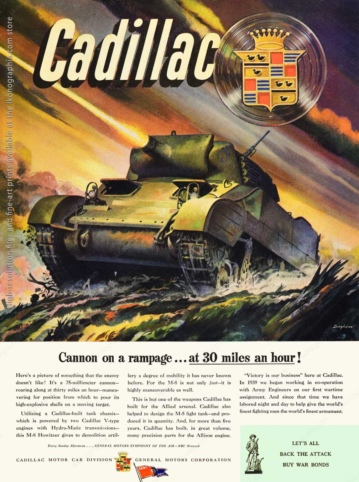 Cannon on a rampage at 30 miles an hour! Cadillac Ad 1944. Art James ...