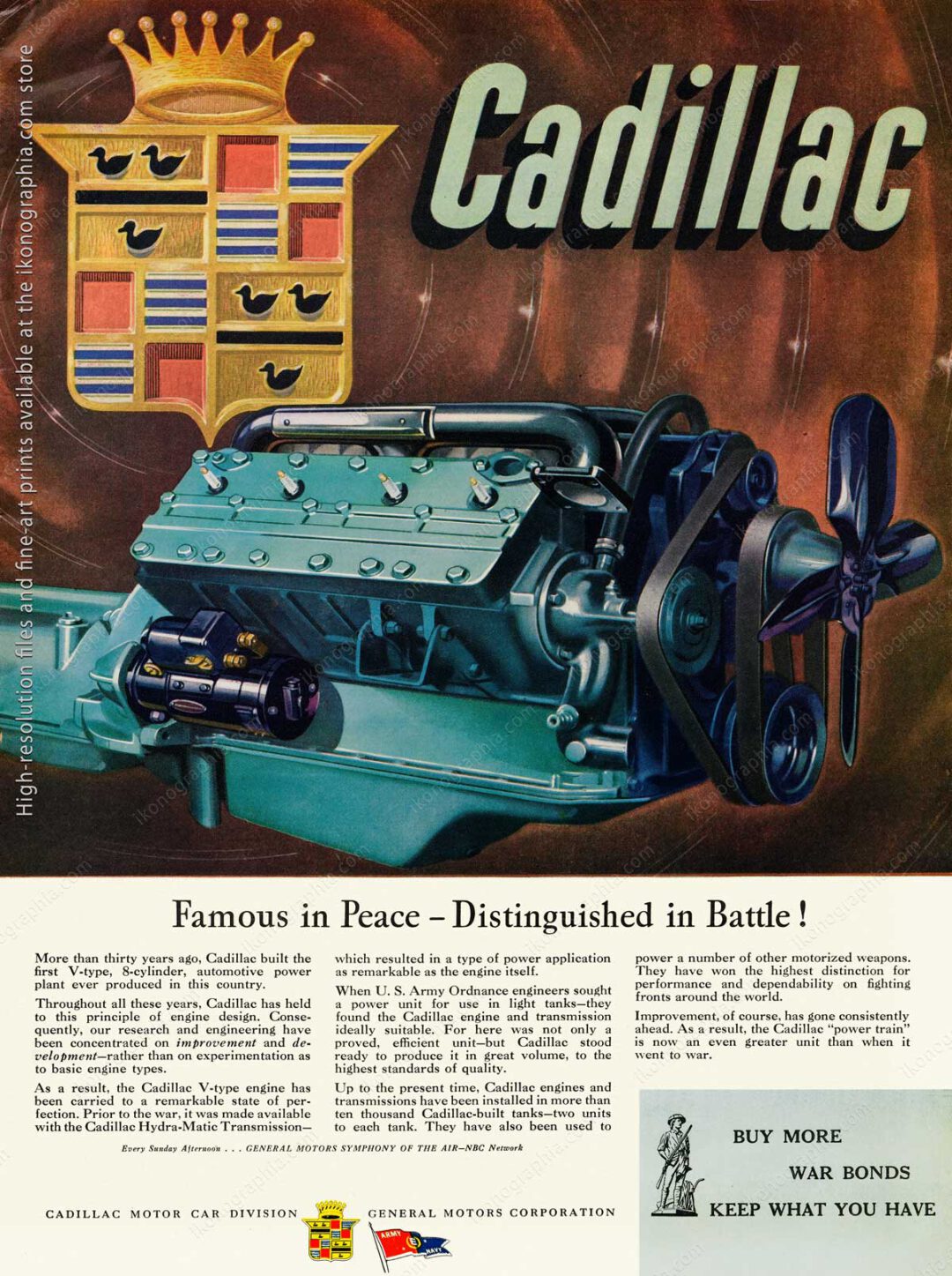 The Cadillac V-type, 8-cylinder engine. WWII 1945. Art by John Vickery ...