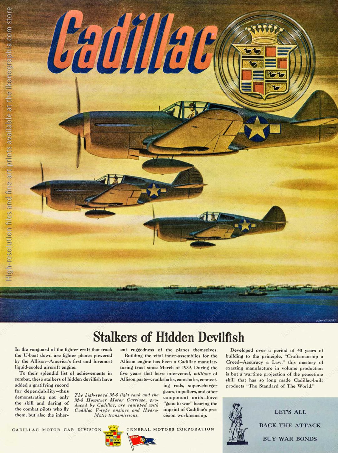 Flying Tigers’ P-40 Curtiss Warhawk. Cadillac WWII Ad - Ikonographia